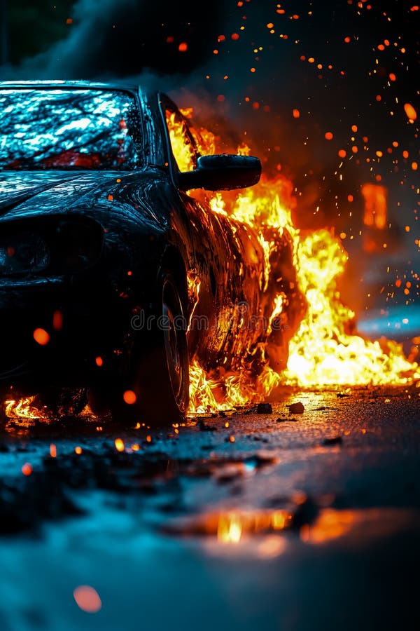 A Car on Fire on the Side of the Road Stock Illustration - Illustration ...