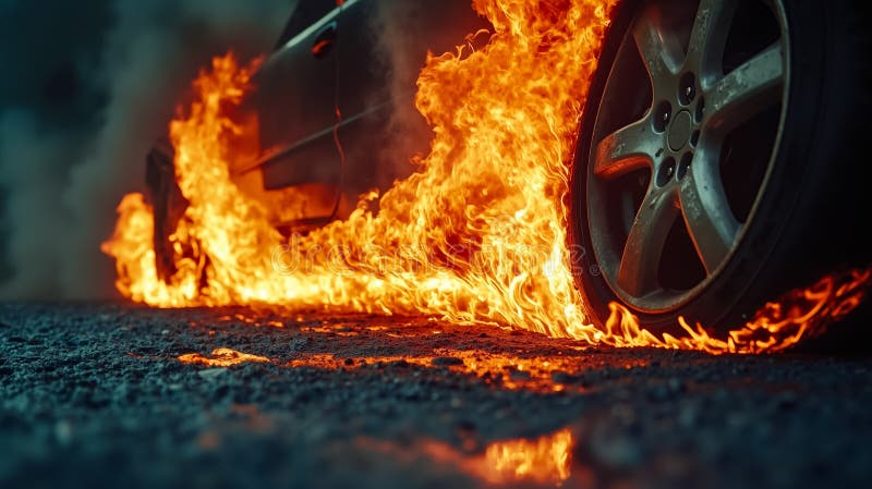 A Car on Fire on the Side of the Road Stock Photo - Image of wheel ...