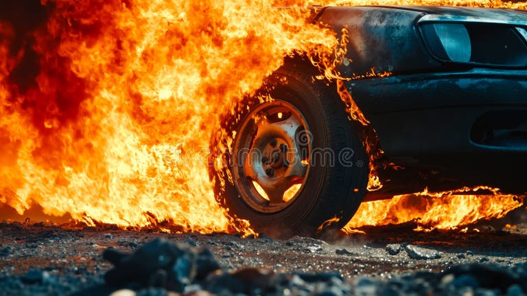 A Car on Fire on the Side of the Road Stock Photo - Image of orange ...