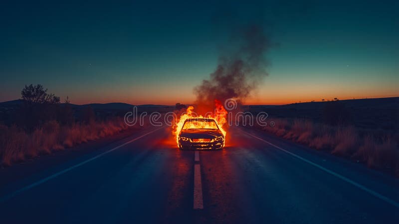 A Car on Fire on the Side of the Road at Night Stock Photo - Image of ...