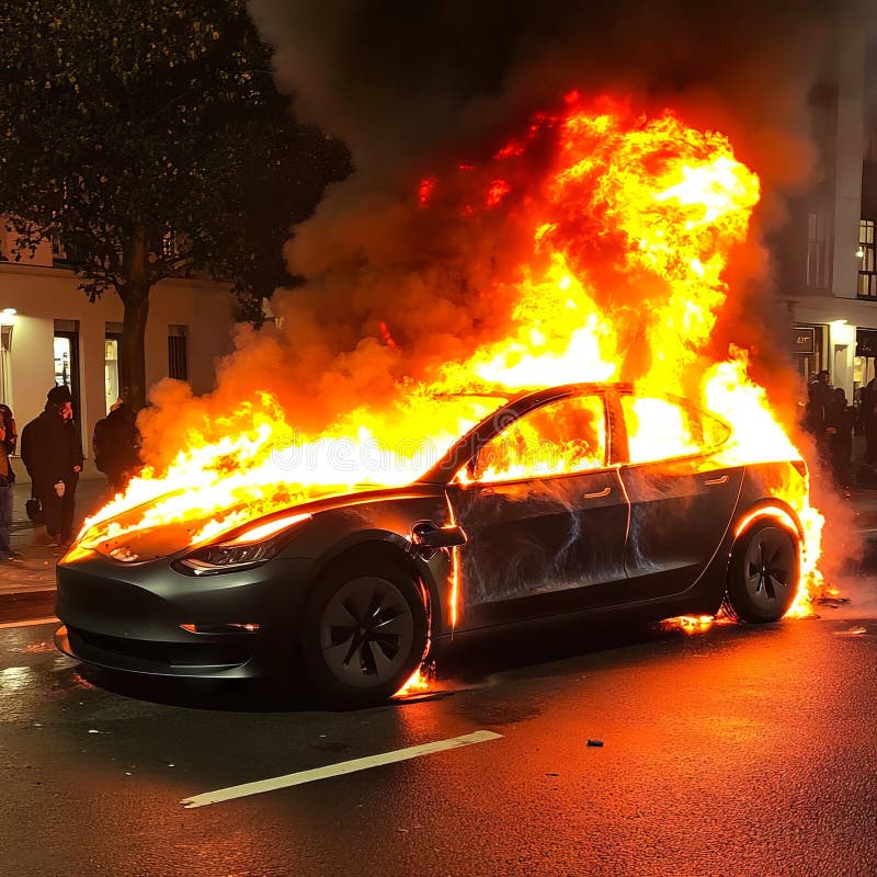 A Car on Fire on the Side of the Road with People Standing Around it ...