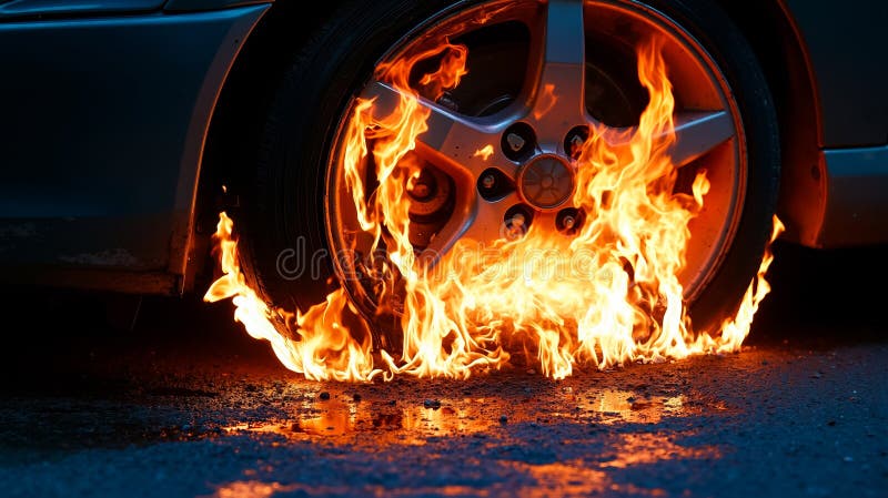 A Car on Fire on the Side of the Road Stock Photo - Image of tire, risk ...