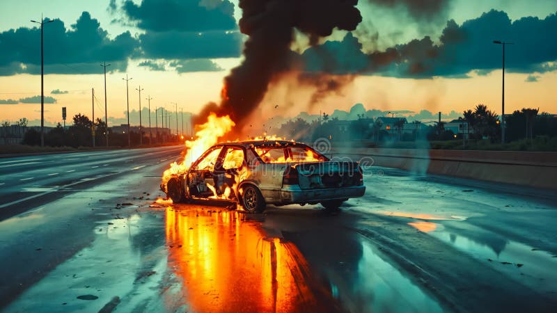 A Burnt Out Car on the Side of the Road with Flames Coming Out of it ...