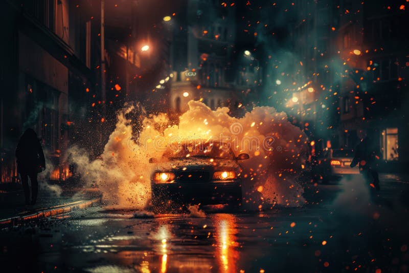 Car in Flames after Explosion on Dark City Street Stock Image - Image ...