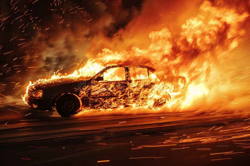 A Car in Flames with Thick Black Smoke Background Stock Image - Image ...