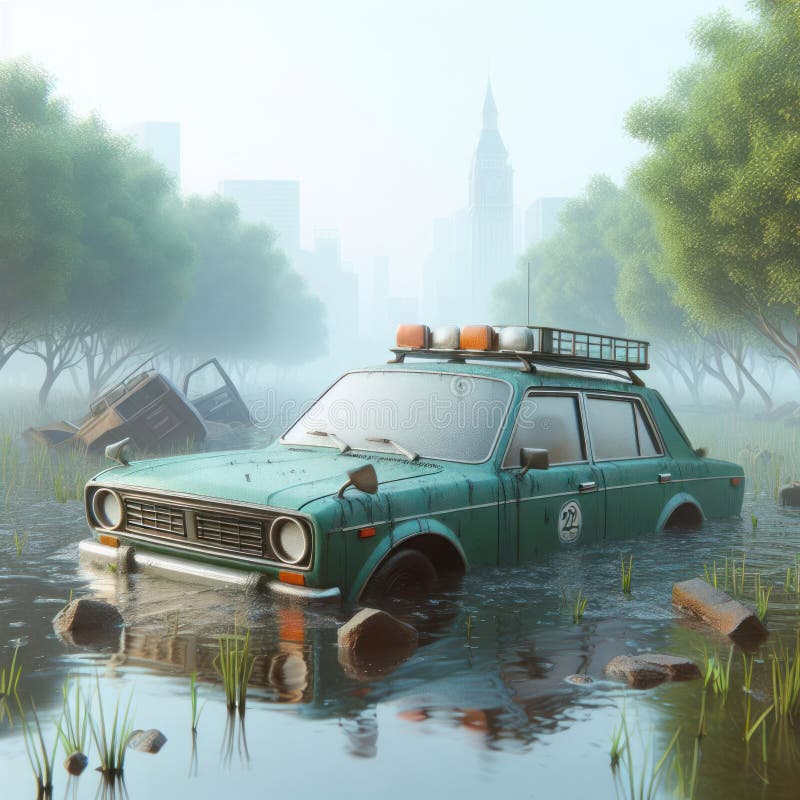 A car floating in a swamp. stock illustration. Illustration of debris ...