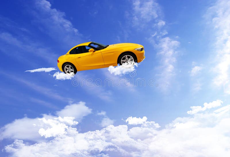 Car Flying on Blue Sky Background. Stock Photo - Image of future ...