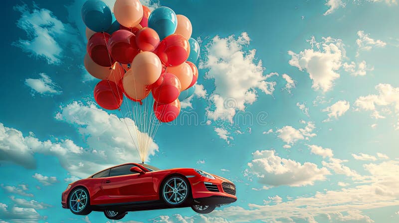 Car Flying in the Sky Tied To Bunch of Balloons Stock Illustration ...