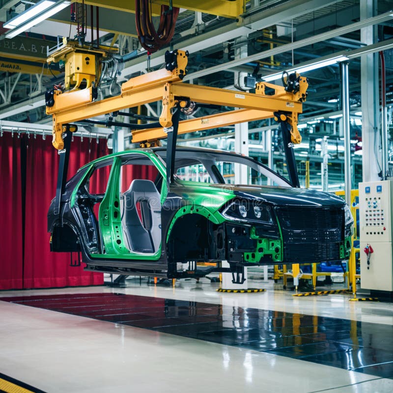 Car Frames on Yellow Platforms Move through High-tech Assembly Line in ...
