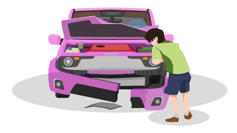 Pink Car Accident with Broken Front Bumper and Lid. Front Hood Open ...
