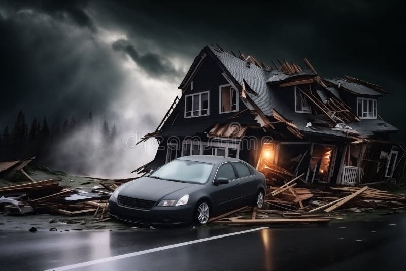 A Car is in Front of a Destroyed House that is on Fire Stock Image ...