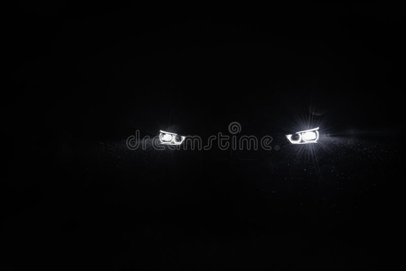 Car Front Headlights Glowing in Dark. Stock Photo - Image of transport ...