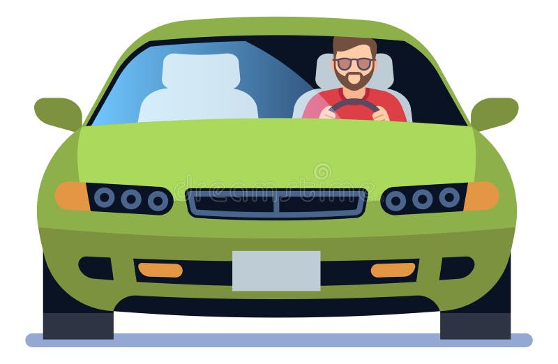 Car Front with Male Driver. Car Drive Concept Front View Stock Vector ...