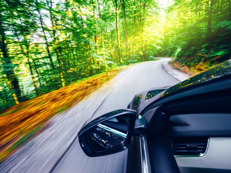 Car Front Mirror Driving Fast into Forest Stock Image - Image of front ...