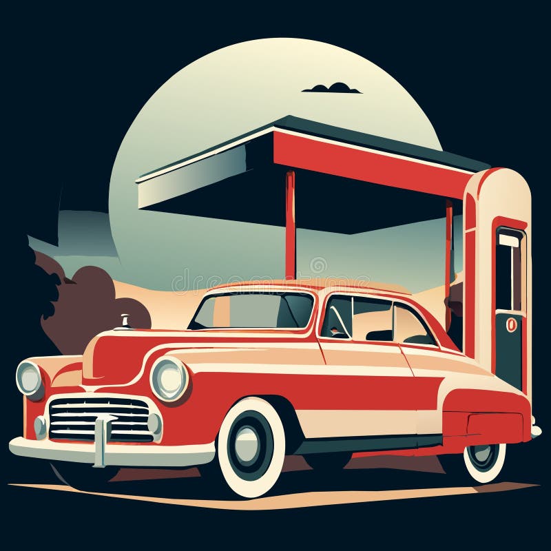 Car Gas Station in Retro Style. Classic Car with Gas Station Stock ...