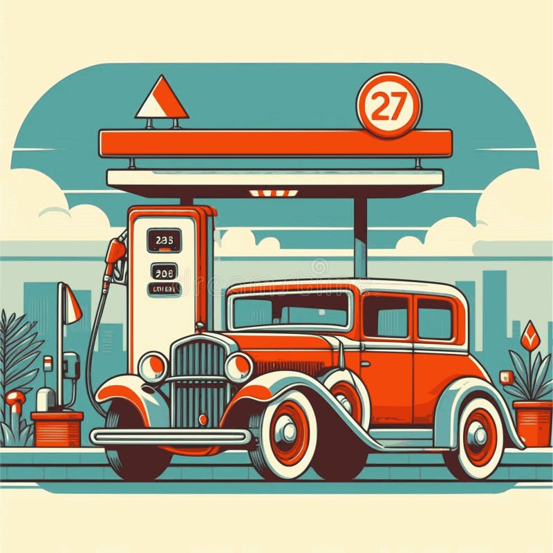 Car Gas Station in Retro Style. Stock Vector - Illustration of 1960s ...