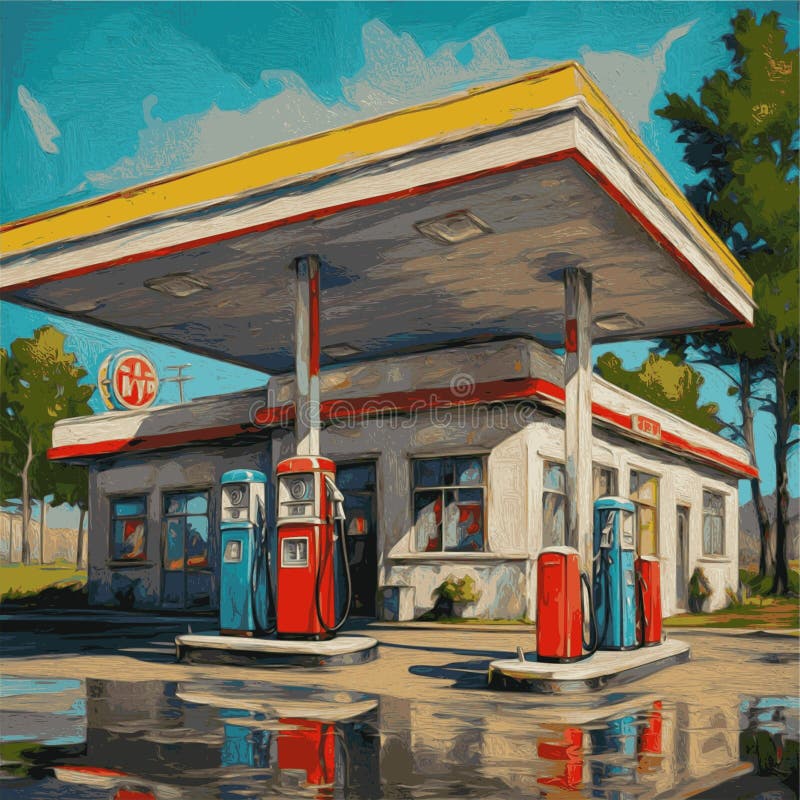 Car Gas Station in Retro Style. Stock Vector - Illustration of drawing ...