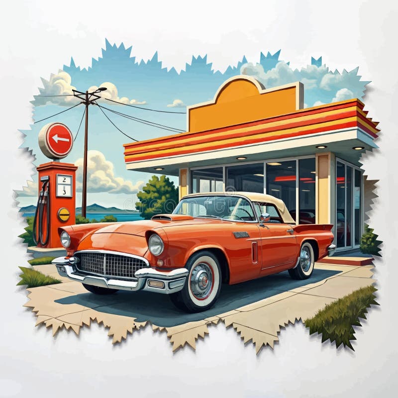 Car Gas Station in Retro Style. Classic Car with Gas Station Stock ...