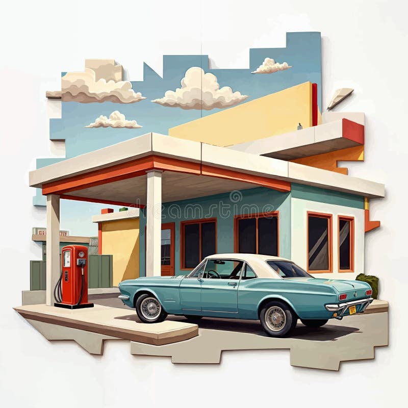 Car Gas Station in Retro Style. Classic Car with Gas Station Stock ...