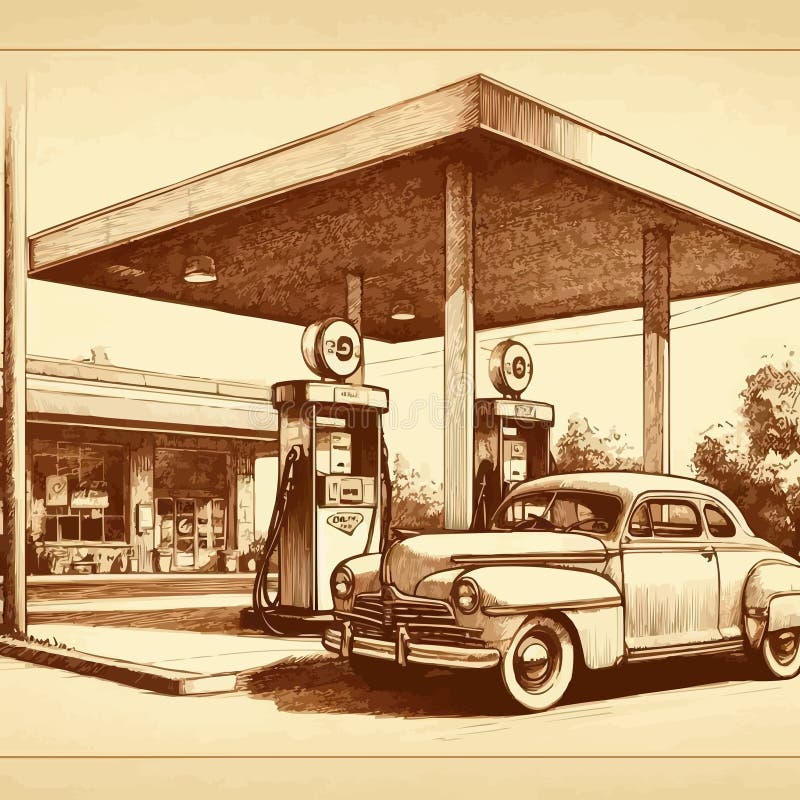 Car Gas Station in Retro Style. Classic Car with Gas Station Stock ...
