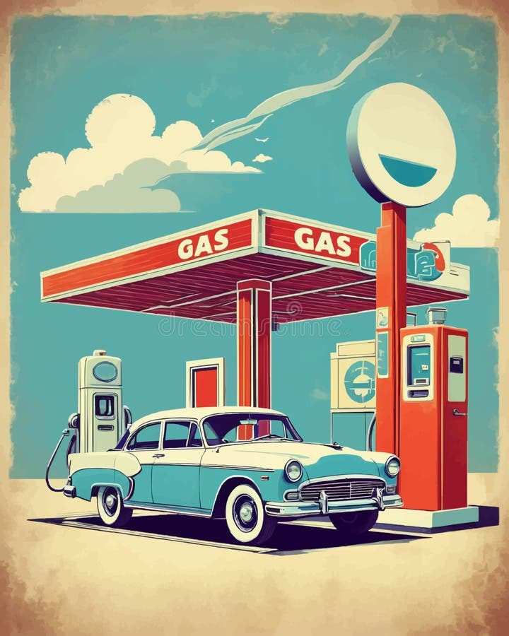 Car Gas Station in Retro Style. Classic Car with Gas Station Stock ...