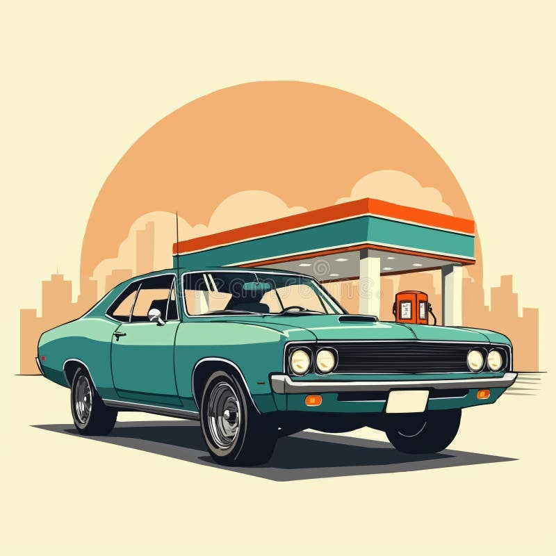 Car Gas Station in Retro Style. Classic Car with Gas Station Stock ...