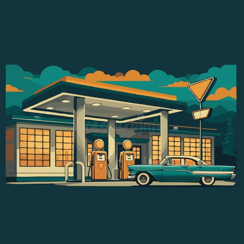 Car Gas Station in Retro Style. Classic Car with Gas Station Stock ...