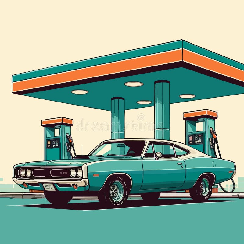 Car Gas Station in Retro Style. Classic Car with Gas Station Stock ...