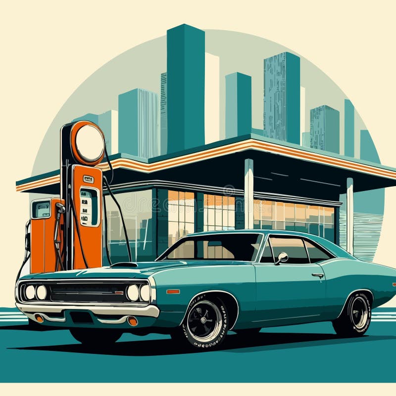 Car Gas Station in Retro Style. Classic Car with Gas Station Stock ...