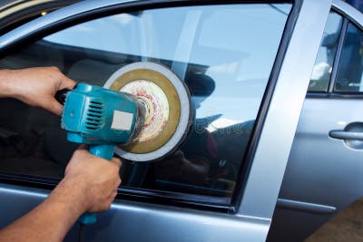 Car Glass Polishing with Power Buffer Machine Stock Photo - Image of ...