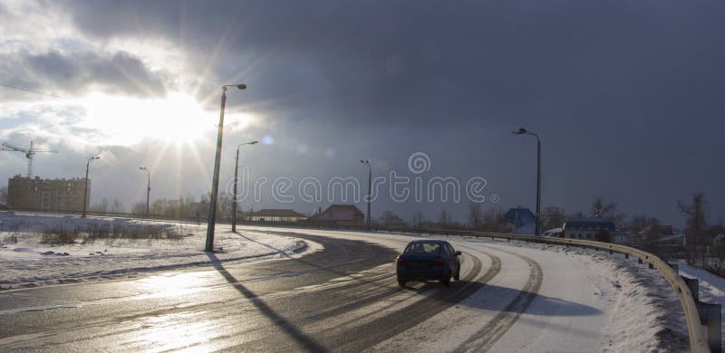 The Car Goes on the Road for the Winter, the Sky Clouds Looming Stock ...