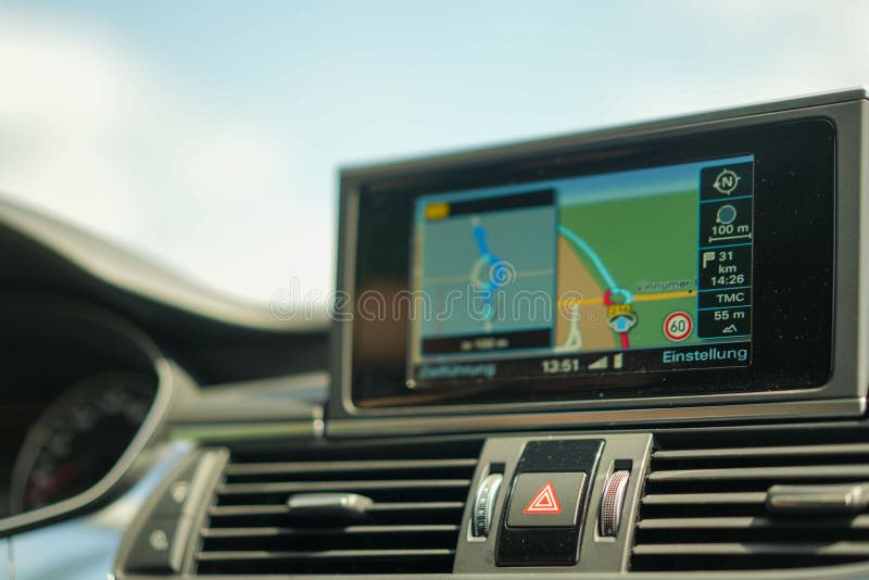 Car GPS Tracker Screen with the Road Direction View, Close-up Stock ...