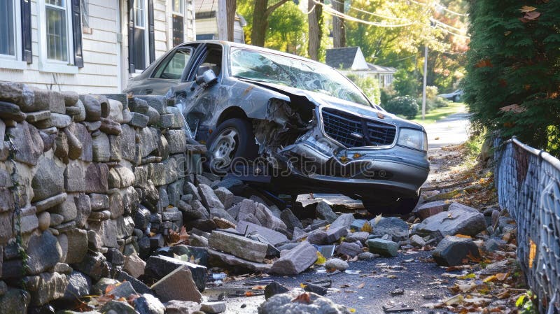 A Car that Has Crashed into a Stone Wall, Car Accident on the Street ...