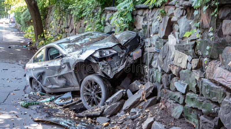 A Car that Has Crashed into a Stone Wall, Car Accident on the Street ...