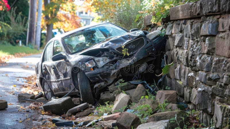 A Car that Has Crashed into a Stone Wall, Car Accident on the Street ...