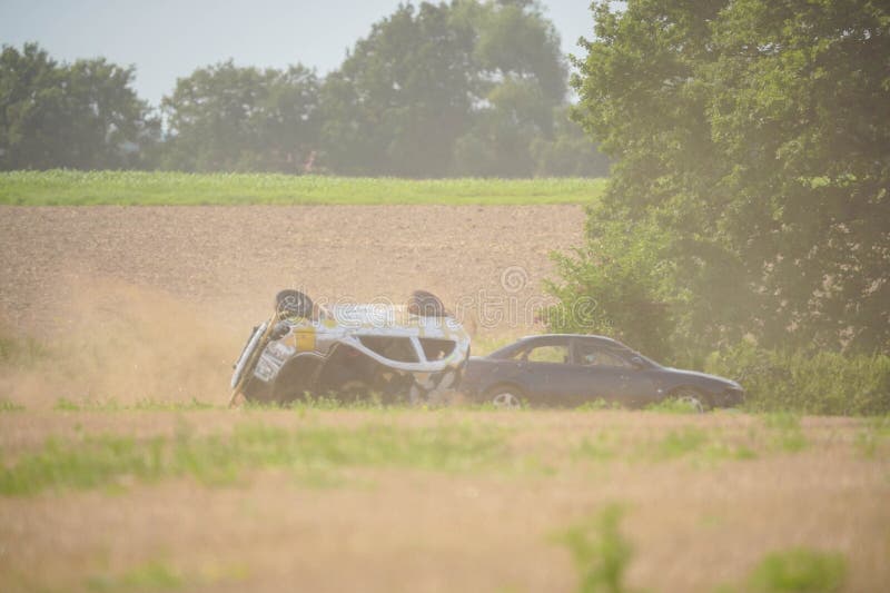 A Car Has Crashed into a Tree in a Field Stock Image - Image of gravel ...