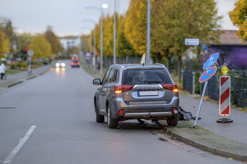 A Car Has Knocked Down a Traffic Sign Stock Photo - Image of ...