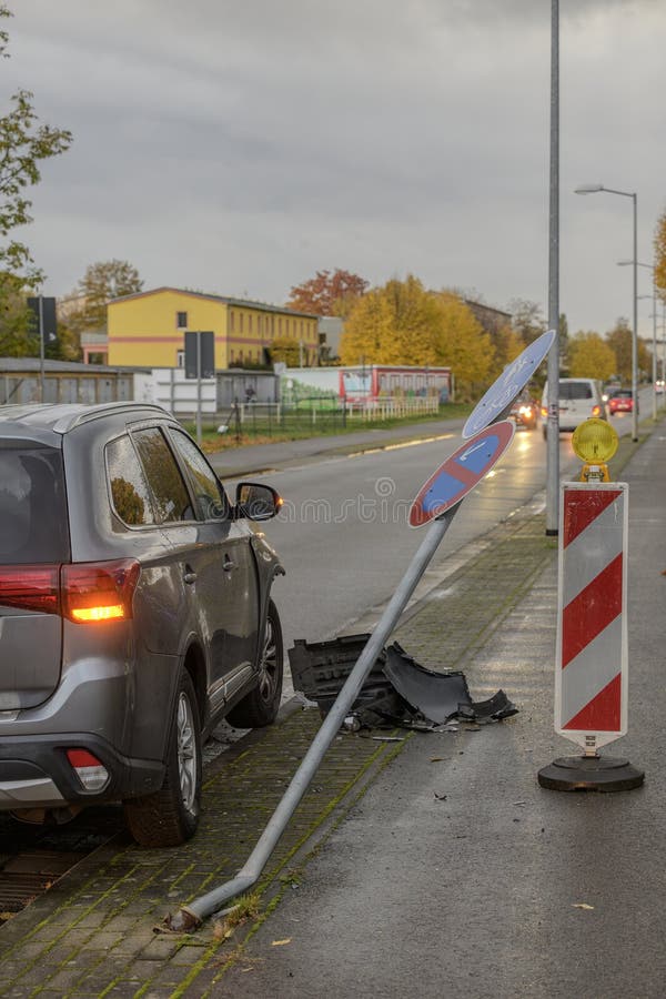 Car Has Knocked Over a Traffic Sign Stock Photo - Image of highway ...