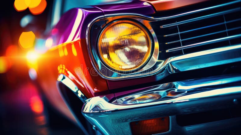 Car Headlights with Light Rays Banner. Car Headlight Close Up Stock ...