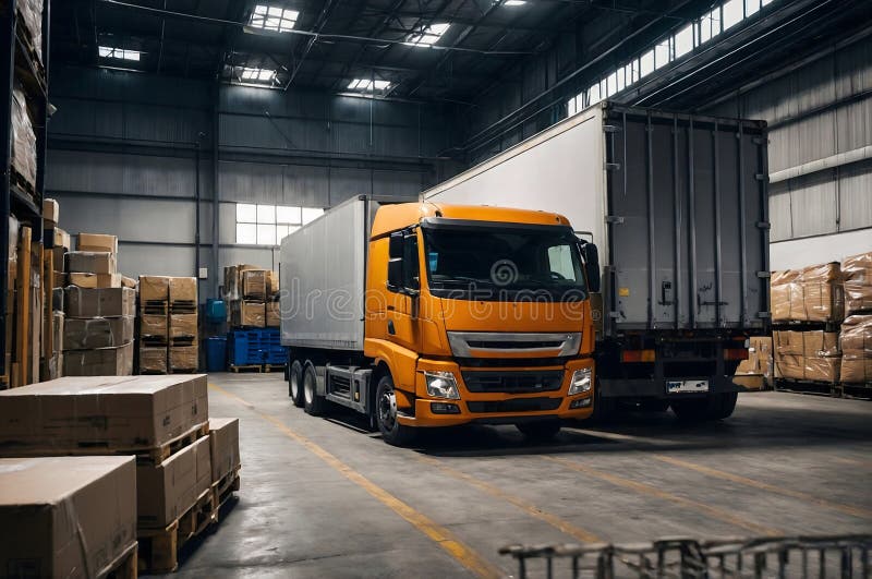 A Car, a Heavy Truck is Loading Goods in a Warehouse.the Concept of ...