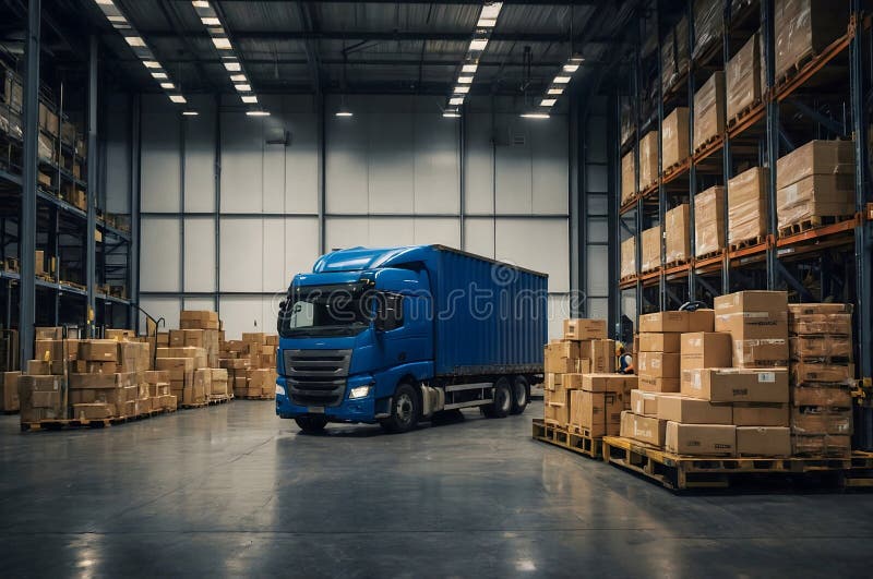A Car, a Heavy Truck is Loading Goods in a Warehouse.the Concept of ...