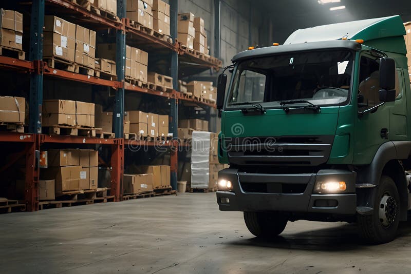 A Car, a Heavy Truck is Loading Goods in a Warehouse.the Concept of ...