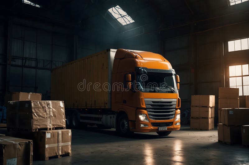 A Car, a Heavy Truck is Loading Goods in a Warehouse.the Concept of ...