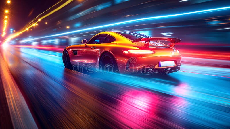 Car at High Speed Riding in Illuminated Road Stock Illustration ...