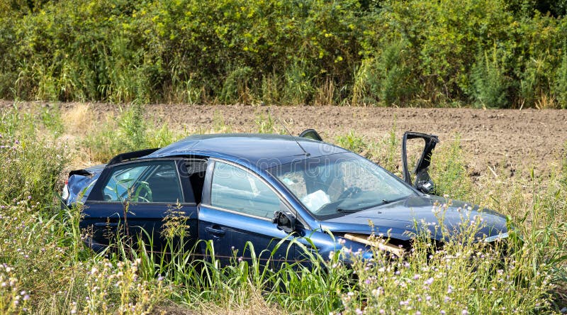 Car Hit, in an Accident and Abandoned. Stock Image - Image of grass ...