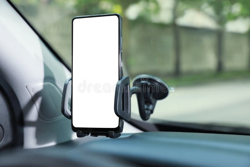 Car Holder with Modern Mobile Phone on Windshield of Automobile. Mockup ...