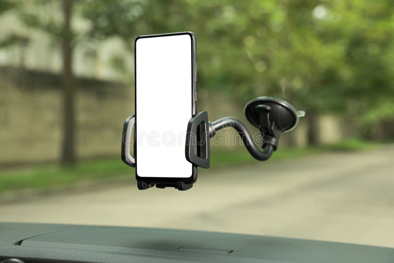 Car Holder with Modern Mobile Phone on Windshield of Automobile. Mockup ...