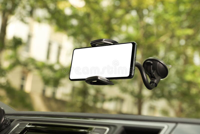 Car Holder with Modern Mobile Phone on Windshield of Automobile. Mockup ...