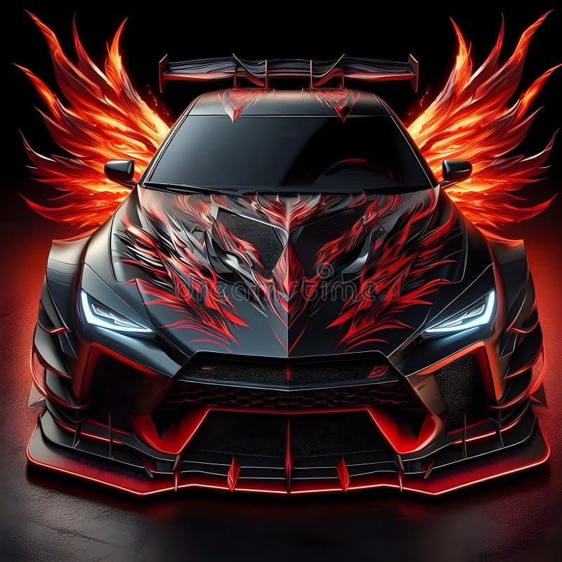 Car with Hood of Flaming Wings, Red and Black, 3D Rendering. Stock ... Car with Hood of Flaming Wings, Red and Black, 3D Rendering. Stock ...