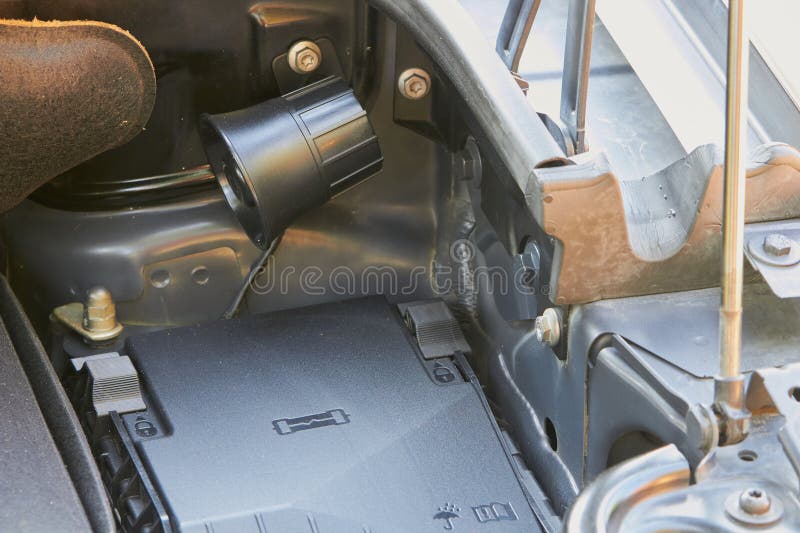 Car Horn Under the Hood, Open Hood of a Car with Sound Signals Stock ...